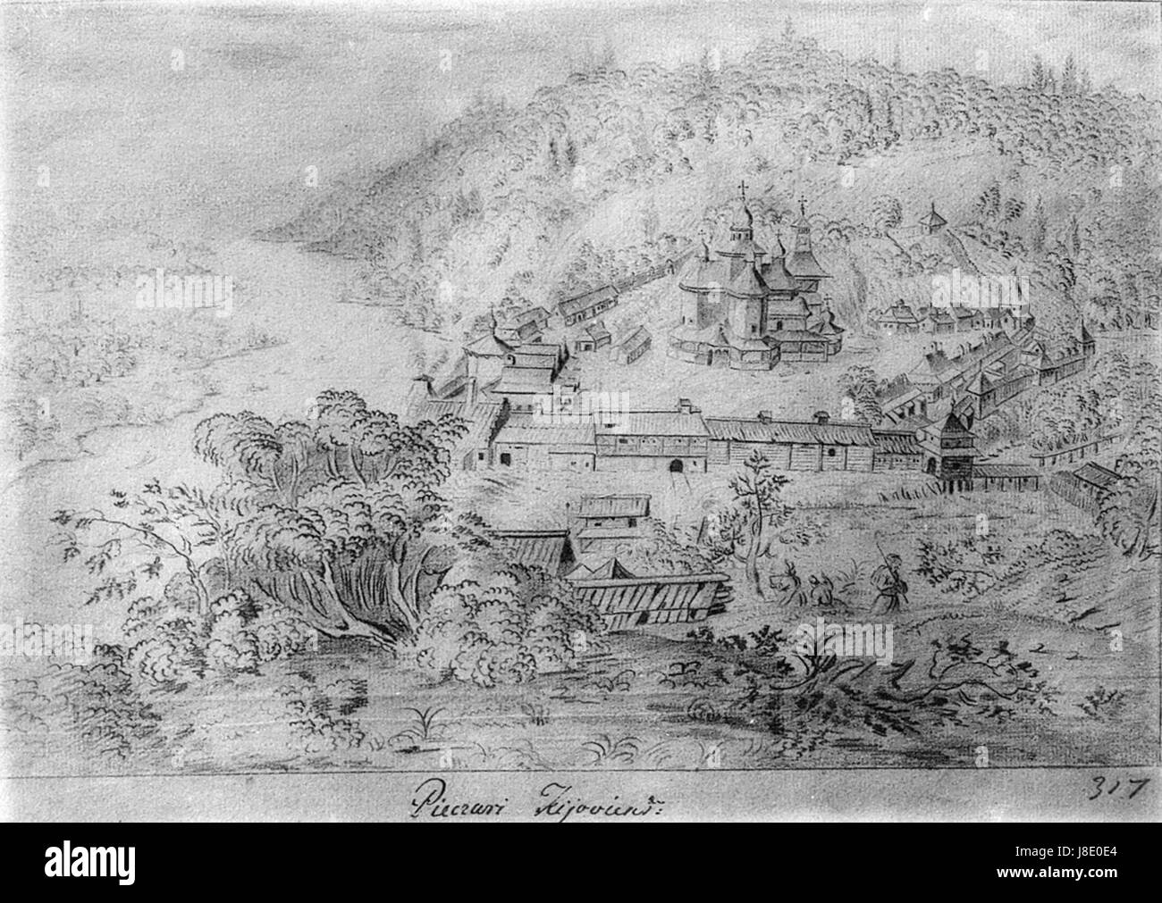 Mezhyhirskyi Monastery, located in Ukraine, is depicted in an artwork ...