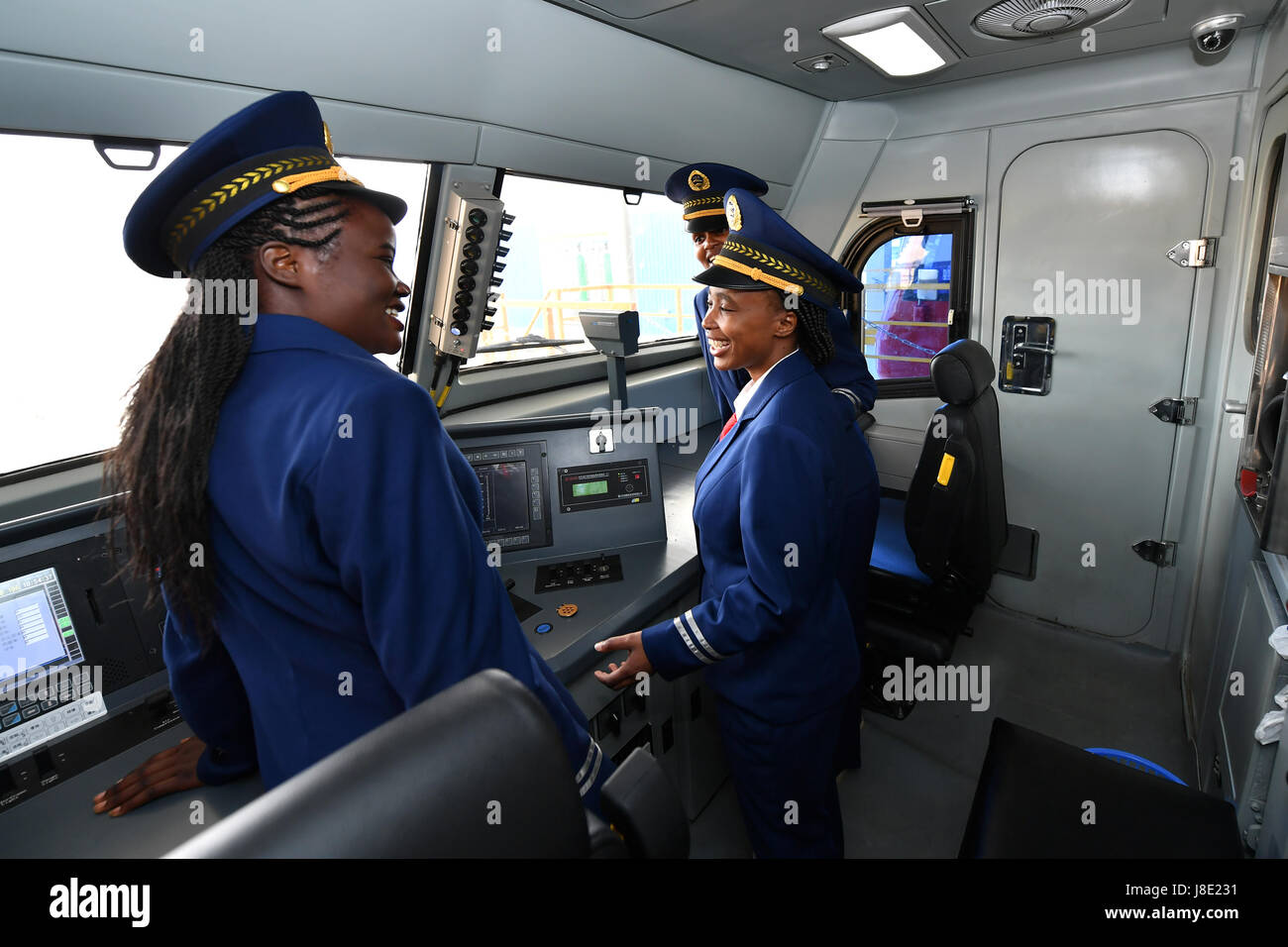 Nairobi, Kenya. 17th May, 2017. Kenyan female train drivers Concilia (L ...