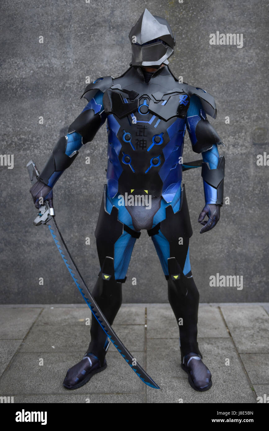 London, UK. 28th May, 2017. A character from Overwatch at MCM Comic Con ...