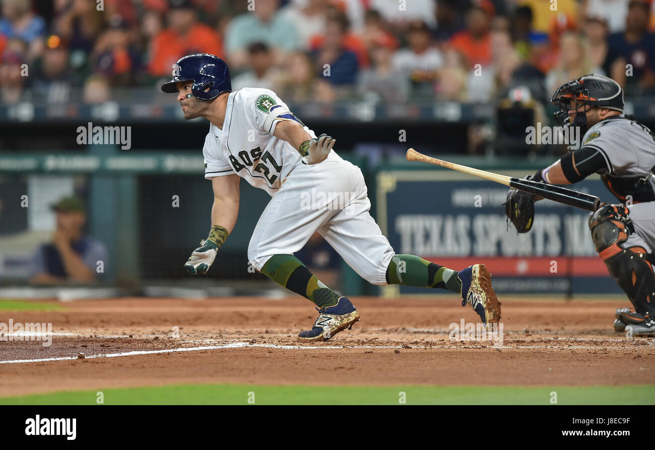 Houston, Texas, USA. 28th May, 2017. Houston Astros second baseman Jose Altuve (27) with a ...