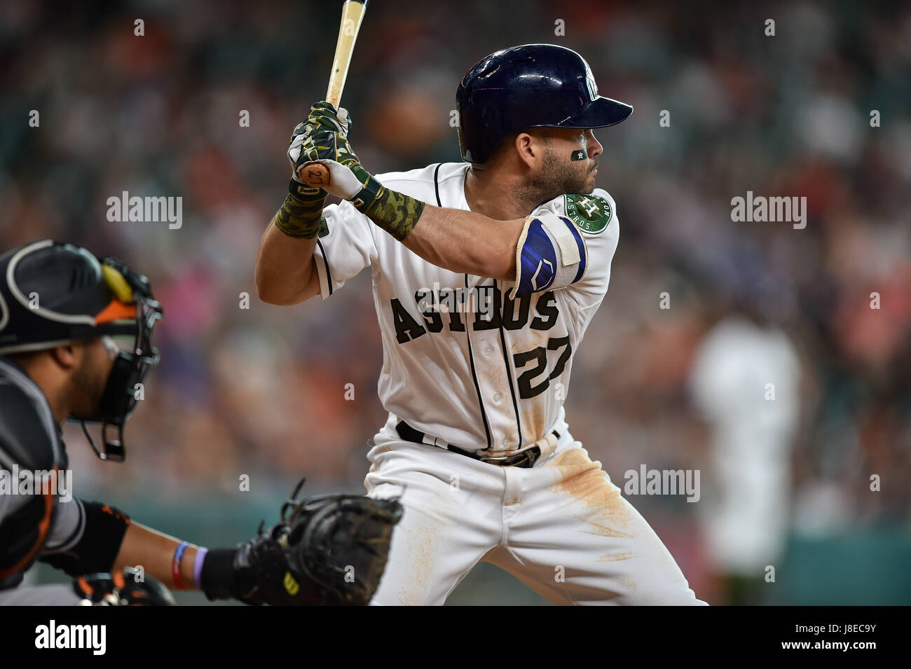 Houston, Texas, USA. 28th May, 2017. Houston Astros second baseman Jose Altuve (27) at bat ...
