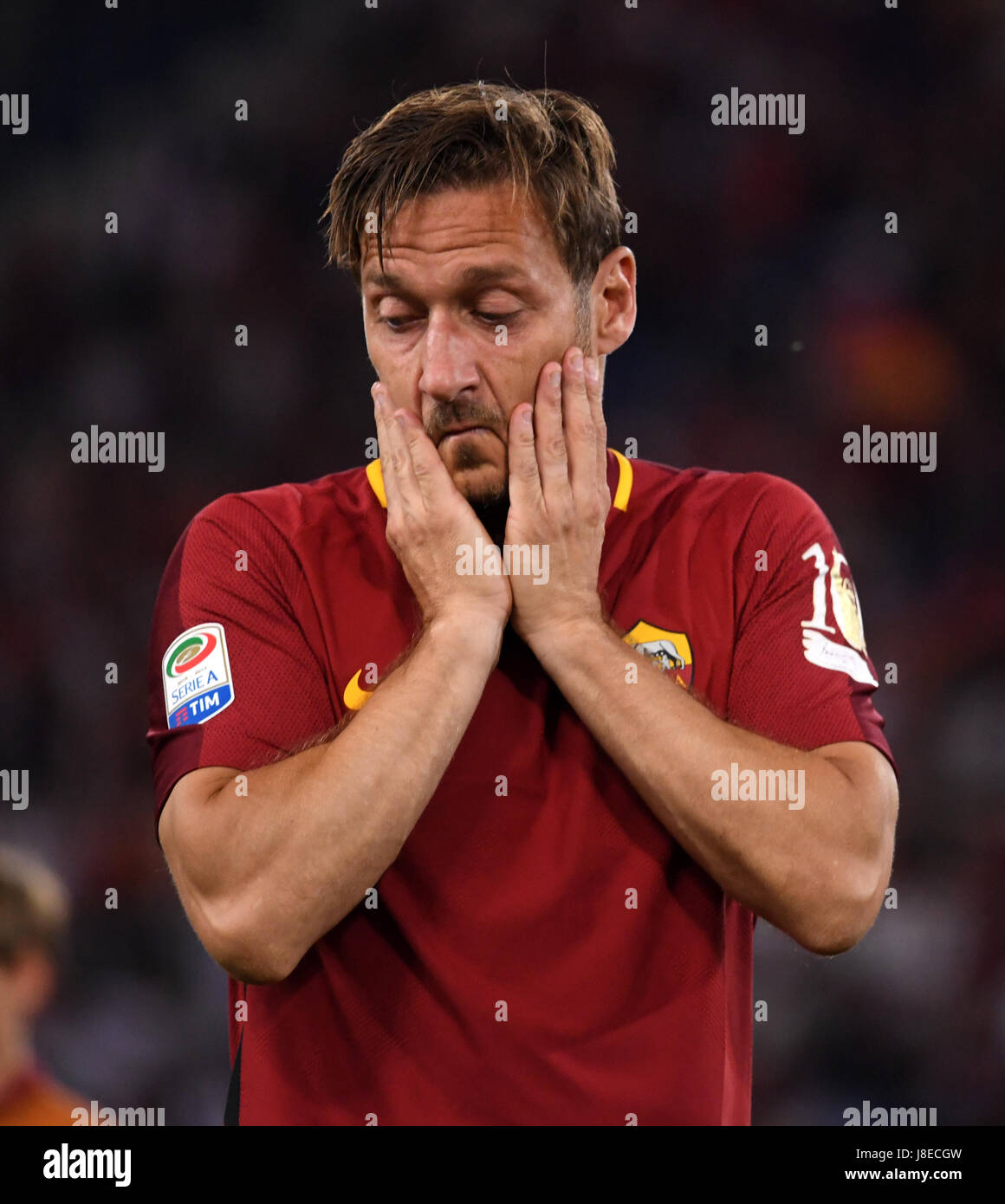 Rome, Italy. 28th May, 2017. Roma's Francesco Totti reacts during his ...