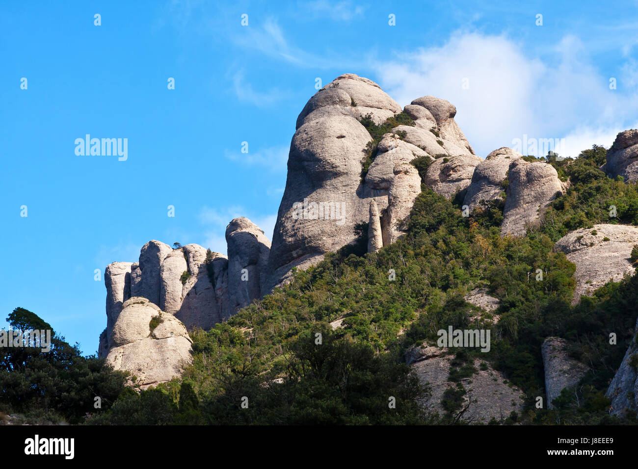 spain, rock, excursion, montserrat, mountain, lawn, green, forest, blue ...
