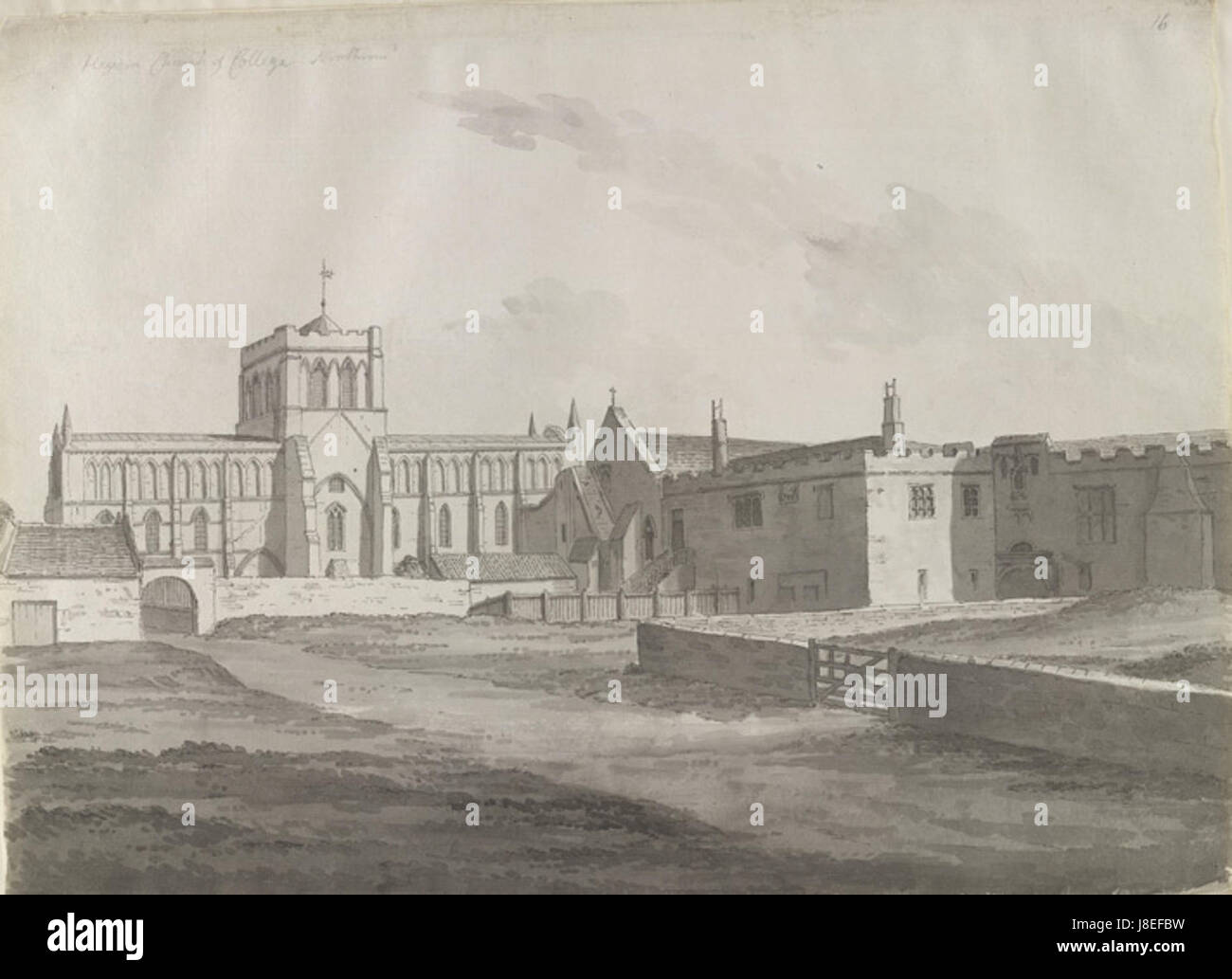 This image depicts Hexham Abbey and College, drawn by Samuel Hieronymus ...