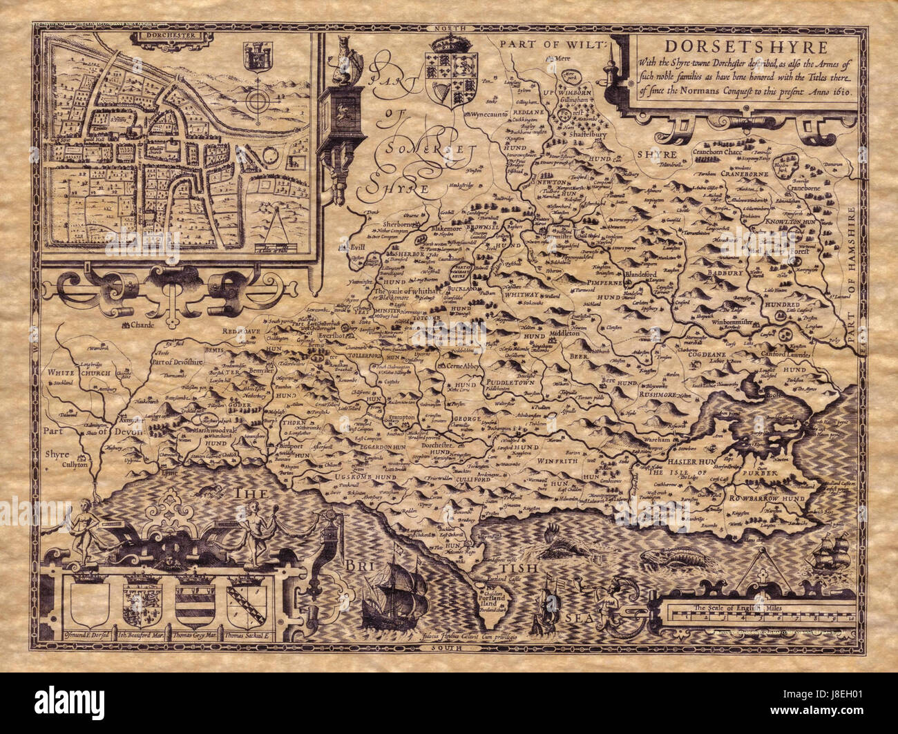 A historical map of Dorsetshire by John Speed, created in 1610. This ...
