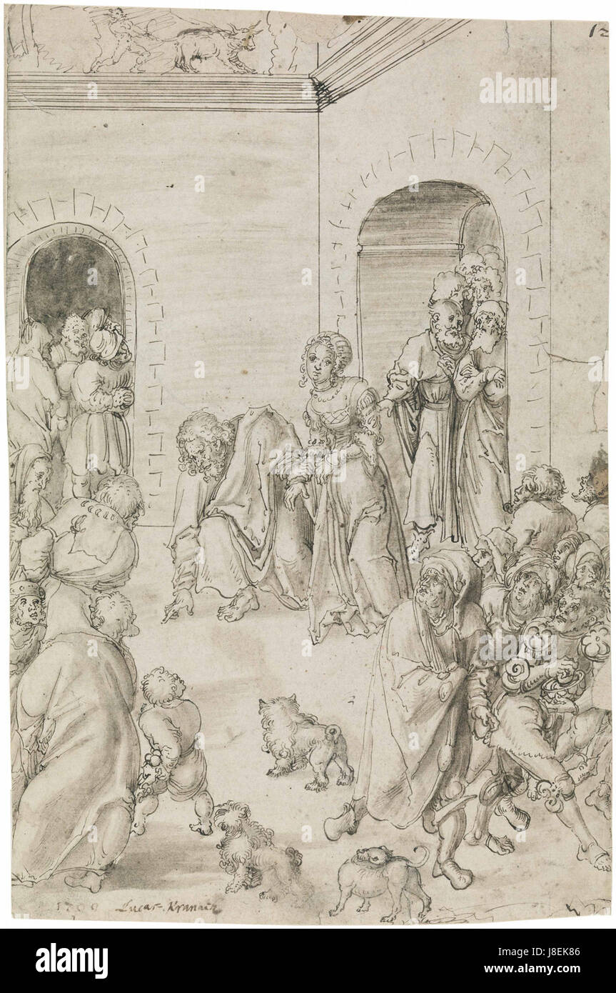 This drawing by Lucas Cranach depicts the biblical scene of Christ and the adulteress ...