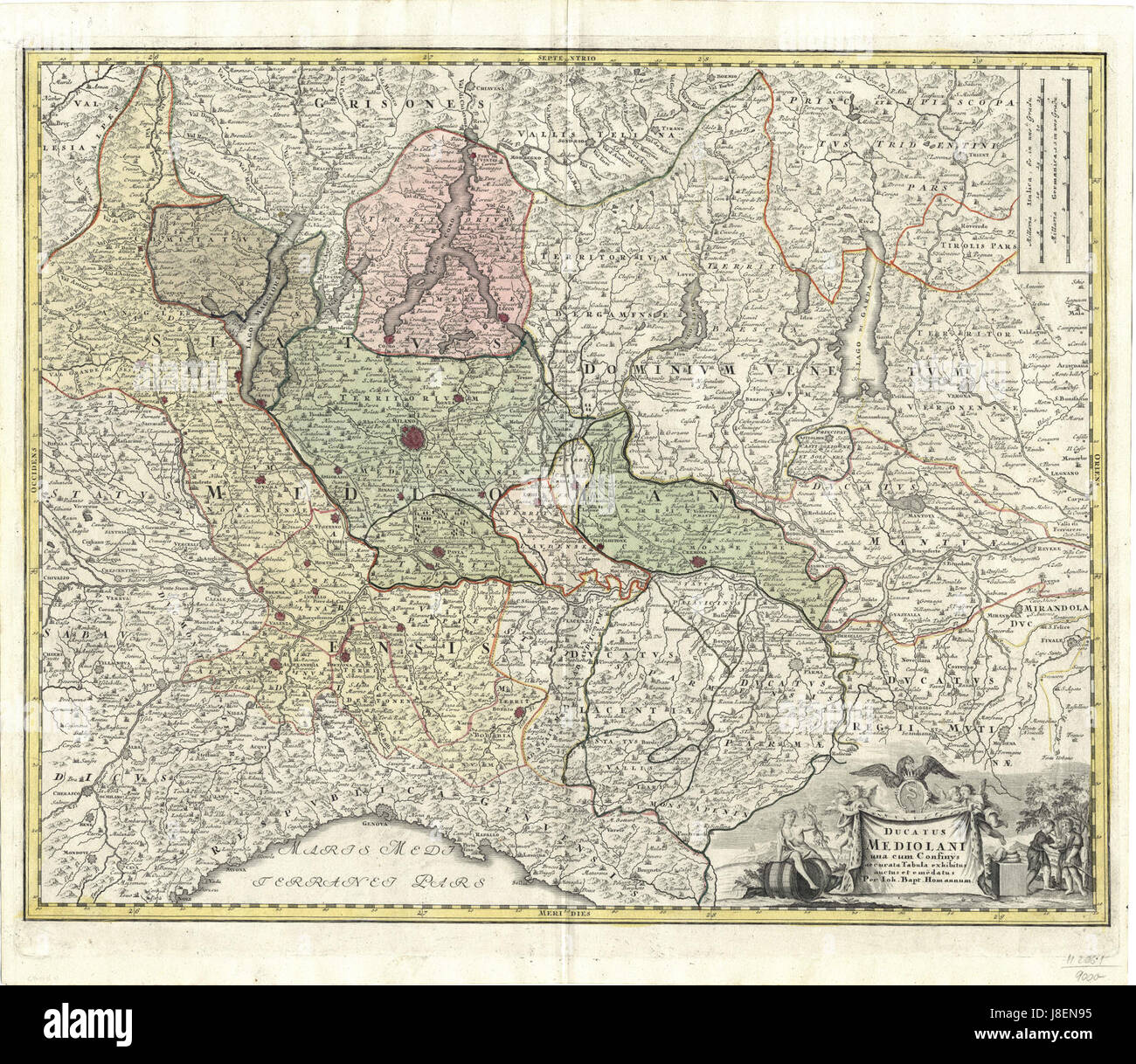 This is a historical map depicting the region of Monferrato in Italy, showing the Duchy of Milan ...