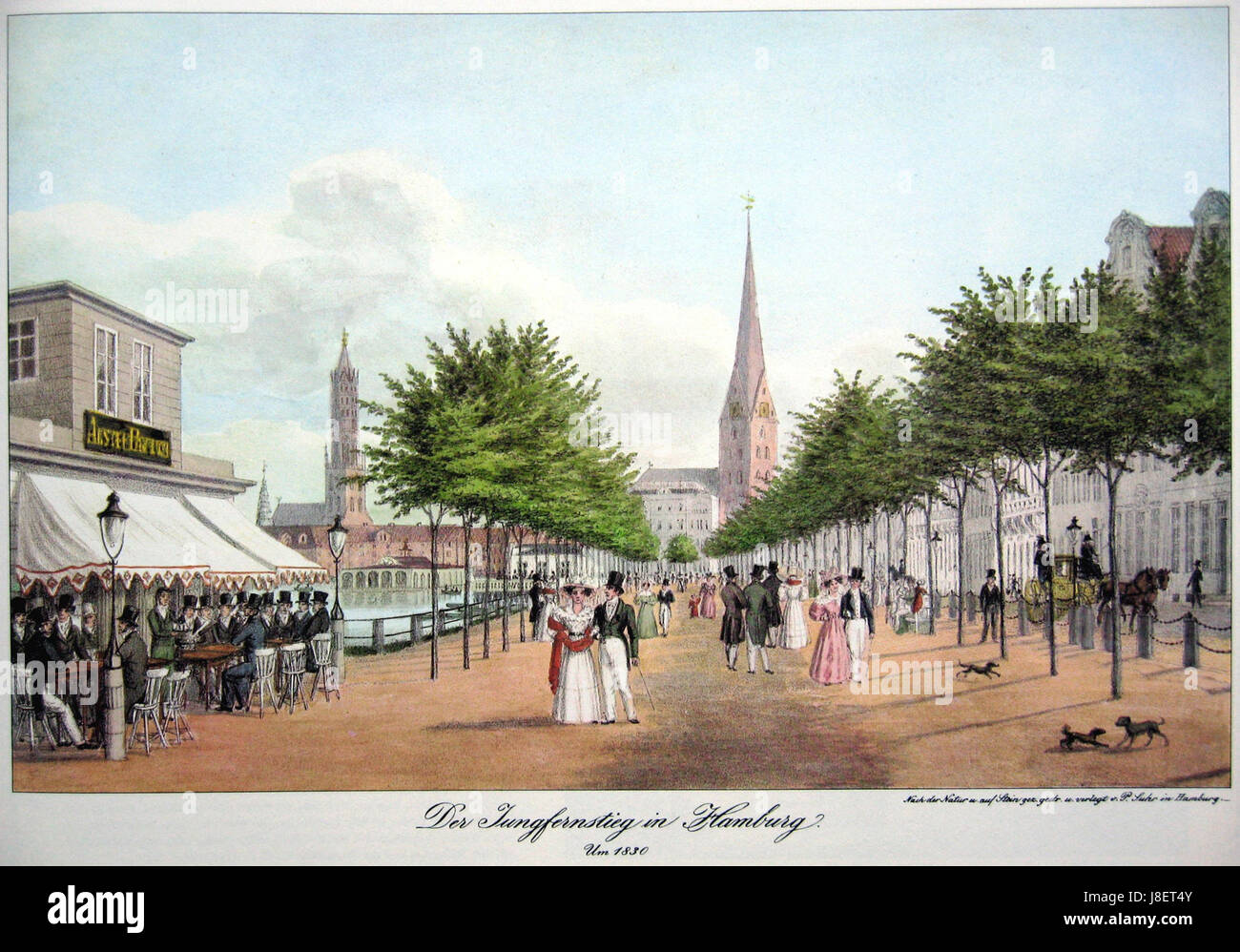 This historical photograph from around 1830 depicts the Jungfernstieg ...