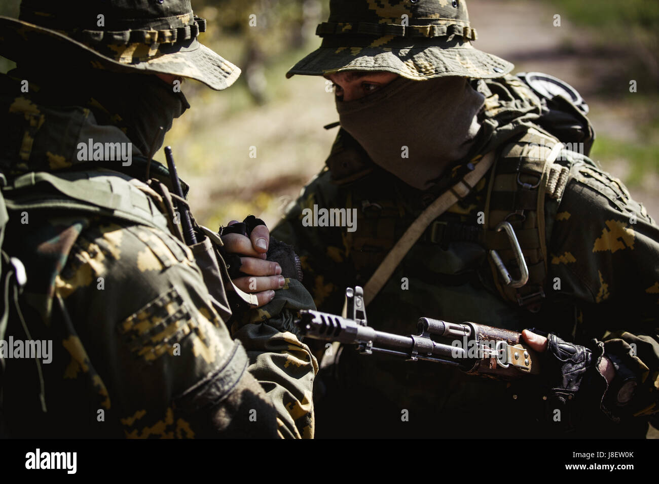 Two military men shaking hands in woods during day Stock Photo - Alamy
