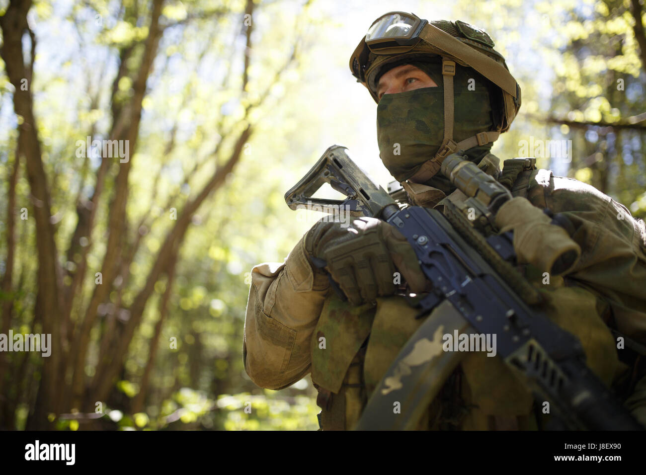 Military man in forest on reconnaissance by day Stock Photo - Alamy