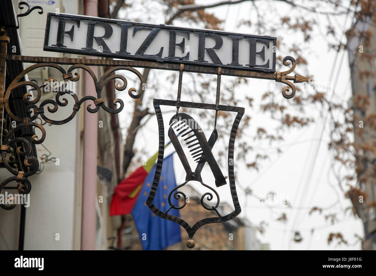 Frizerie - barbershop sign in Bucharest, Romania Stock Photo - Alamy
