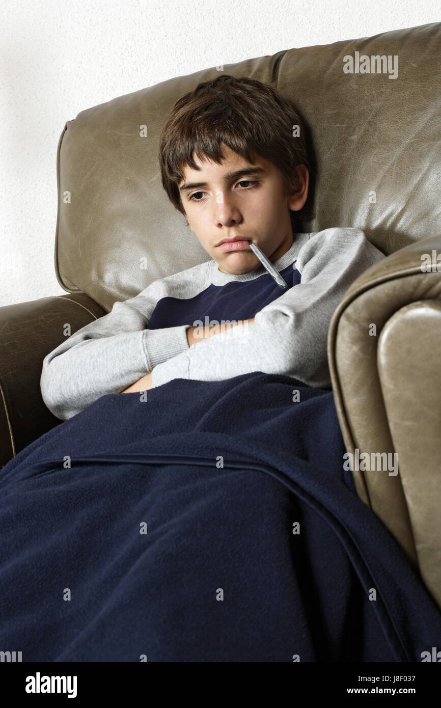 sad, cold, catarrh, fever, thermometer, flu, boy, lad, male youngster ...