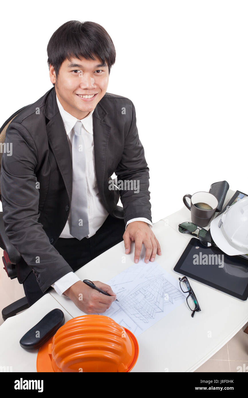 portrait of young architect working drawing perspective building on ...