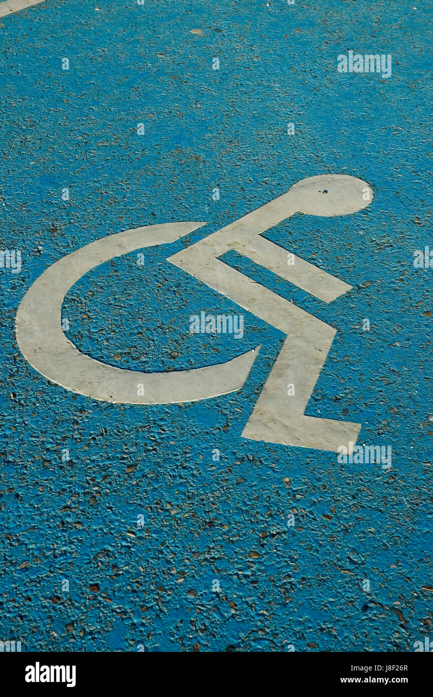 wheelchair, blue, space, asphalt, oblique, sidewalk, parking, sign ...