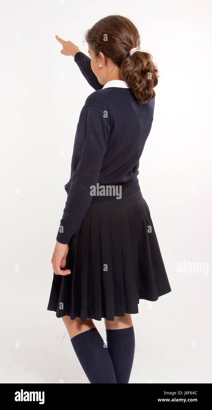 education, teen, uniform, standing, schoolgirl, back, rear view ...