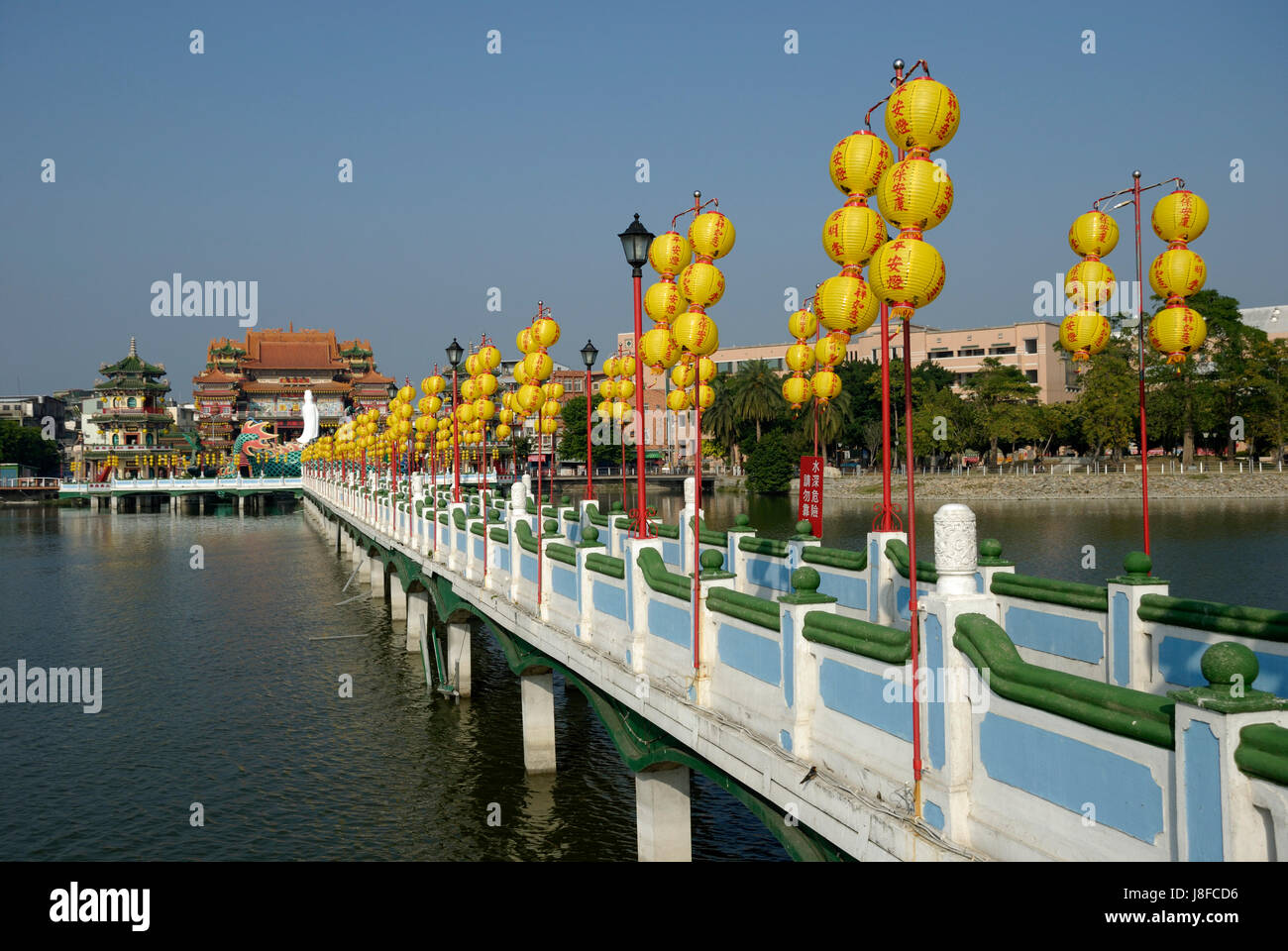 bridge, lanterns, taiwan, blue, temple, asia, bridge, shine, shines ...