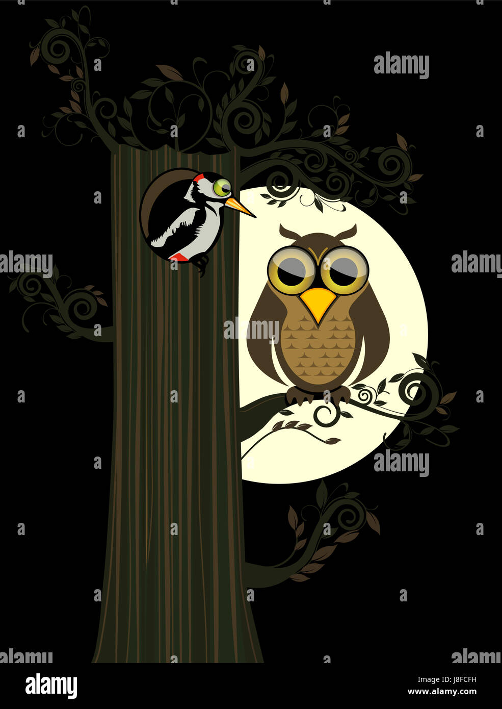 tree, animal, bird, night, nighttime, birds, moon, fantasy ...