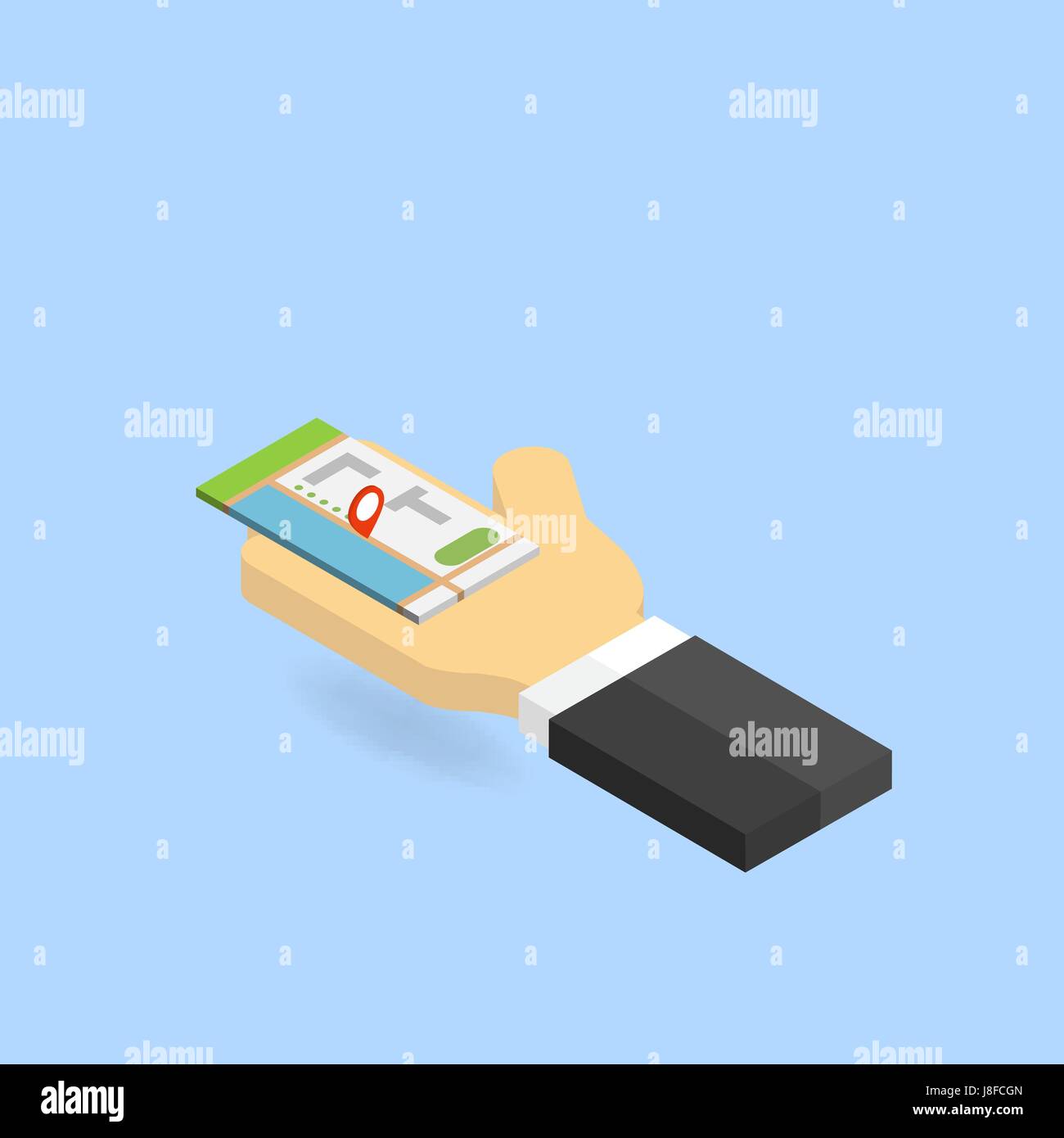 A man's hand with a map of the gps. Vector isometric illustration Stock ...