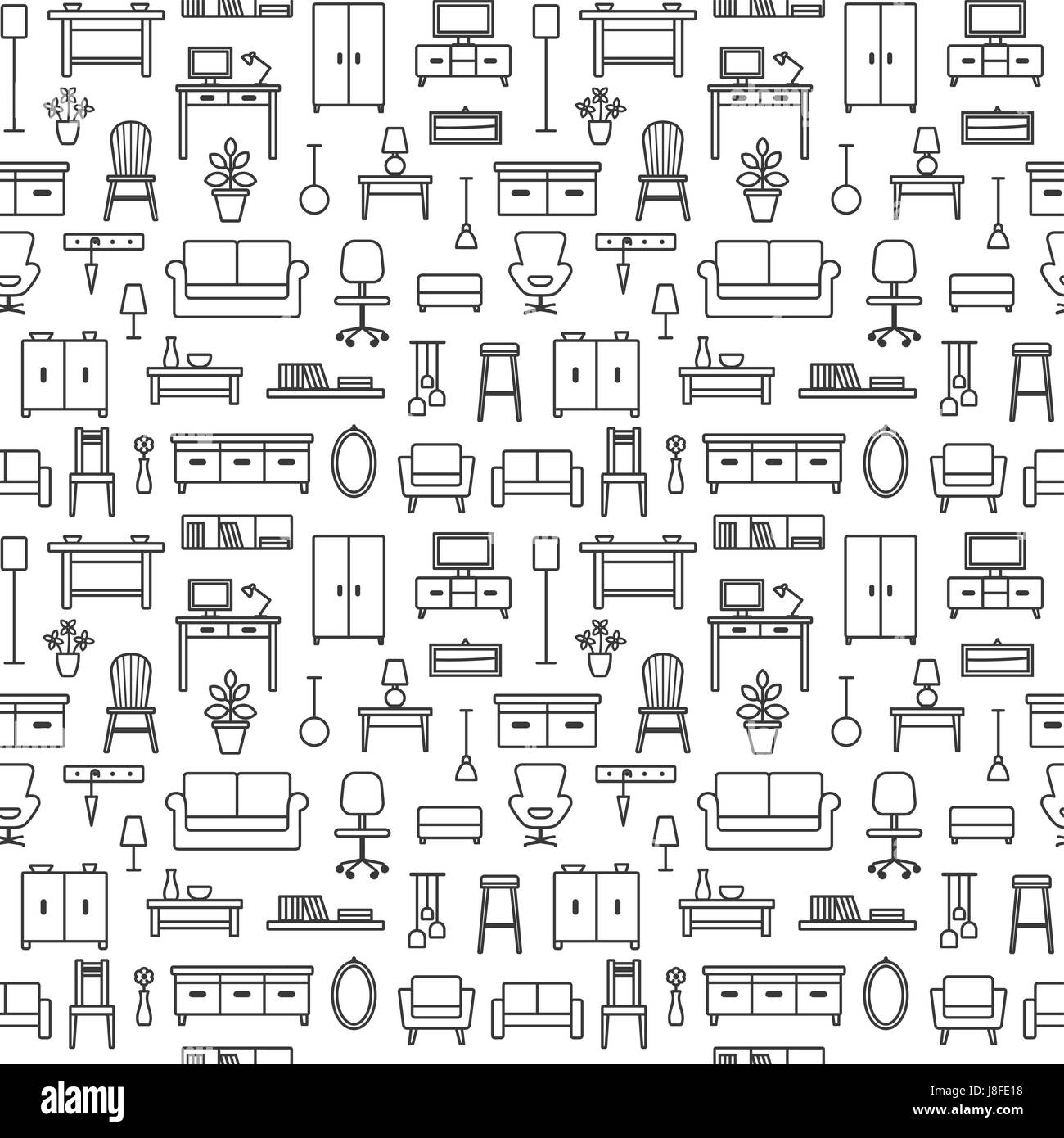 Vector seamless pattern background with home furniture outline icons 8 ...