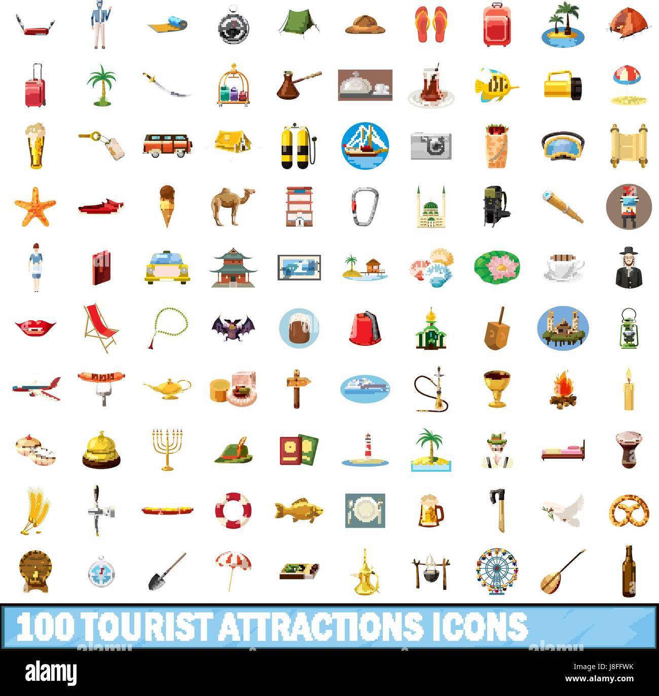 100 tourist attractions icons set, cartoon style Stock Vector Image ...