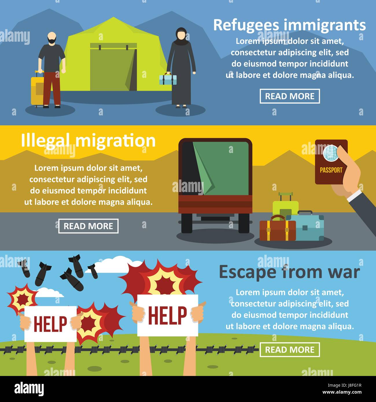 Refugees migrate banner horizontal set, flat style Stock Vector Image ...