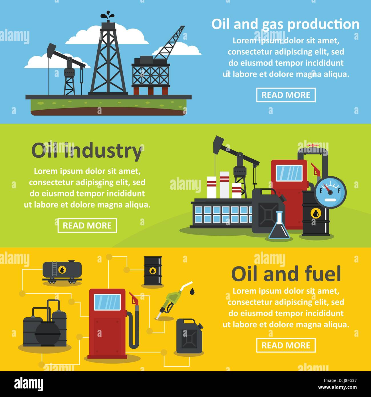 Oil industry gas banner horizontal set, flat style Stock Vector Image ...