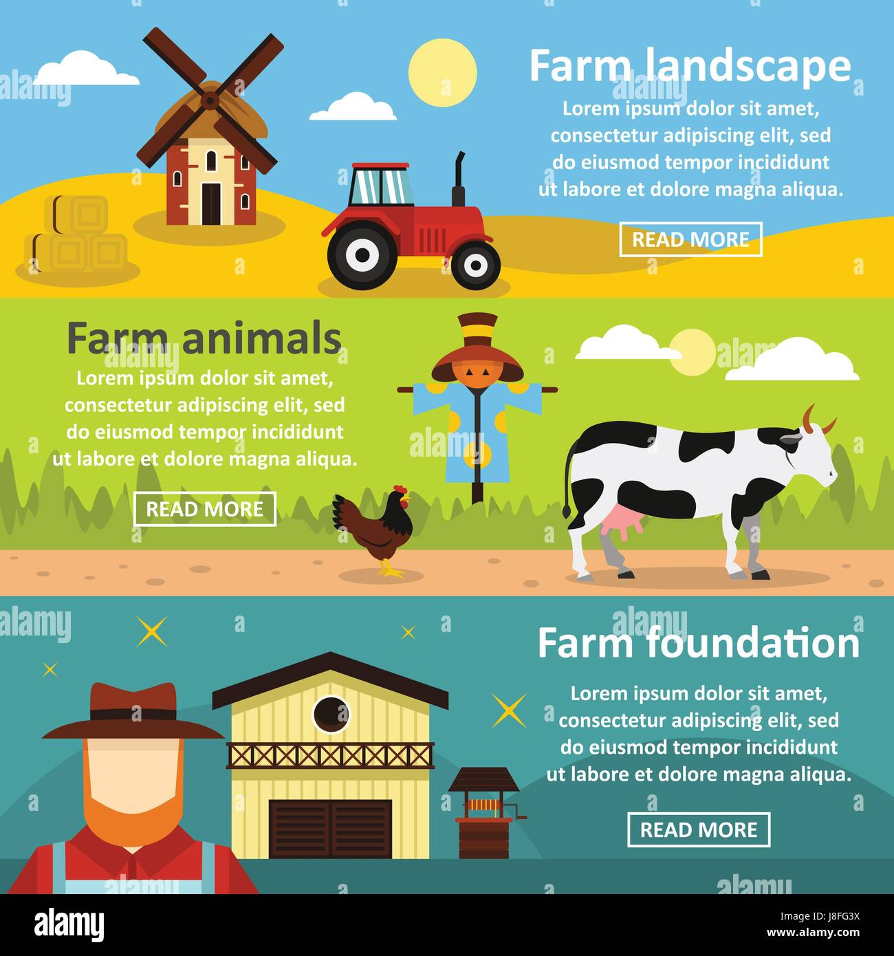 Farm landscape banner horizontal set, flat style Stock Vector Image ...