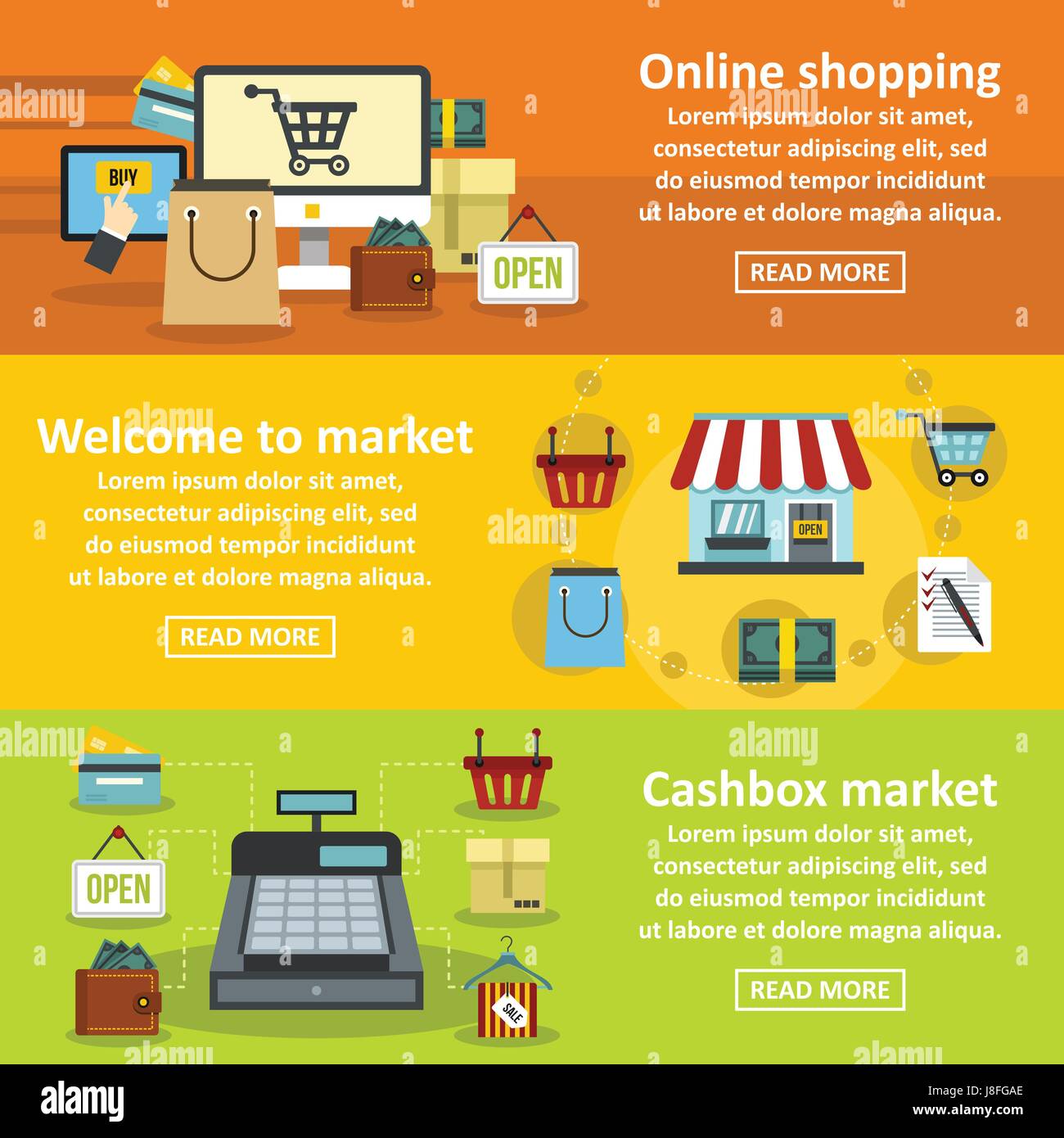 Shopping market banner horizontal set, flat style Stock Vector Image & Art - Alamy