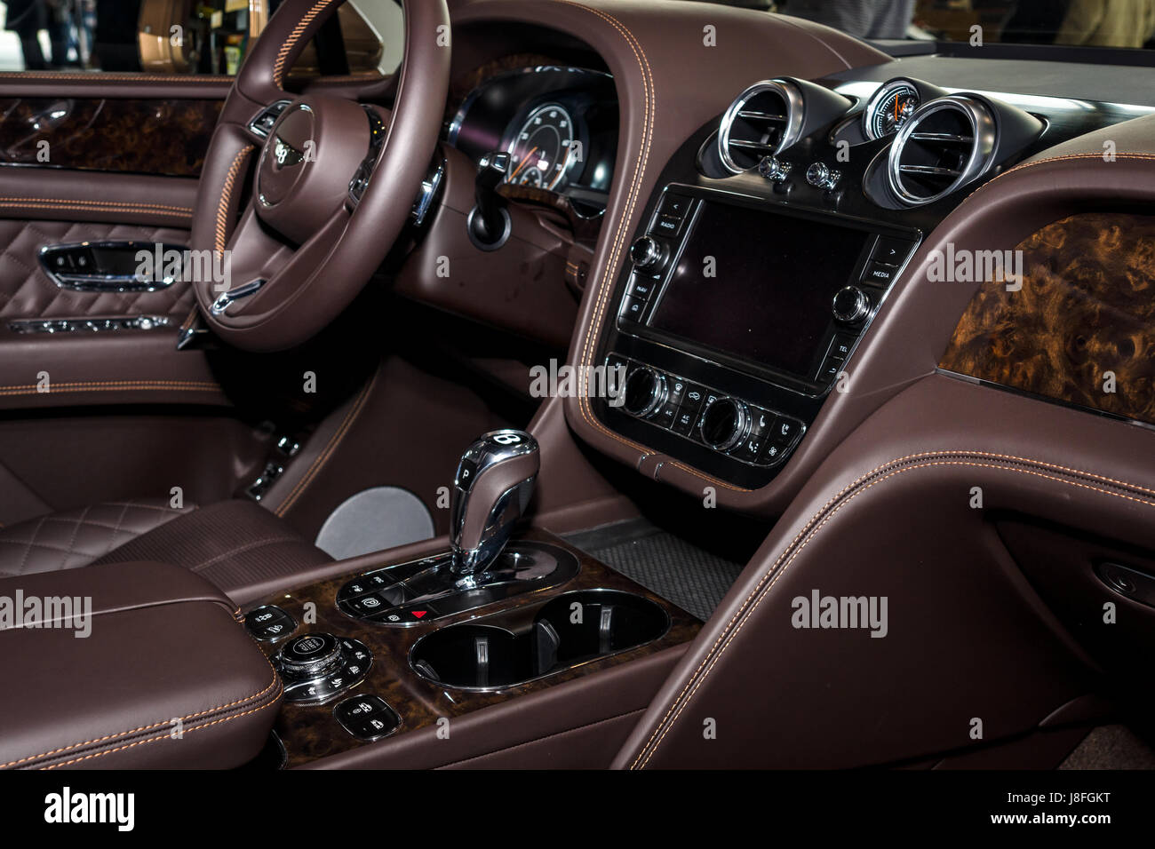 Interior of the large luxury crossover SUV Bentley Bentayga, 2016 ...