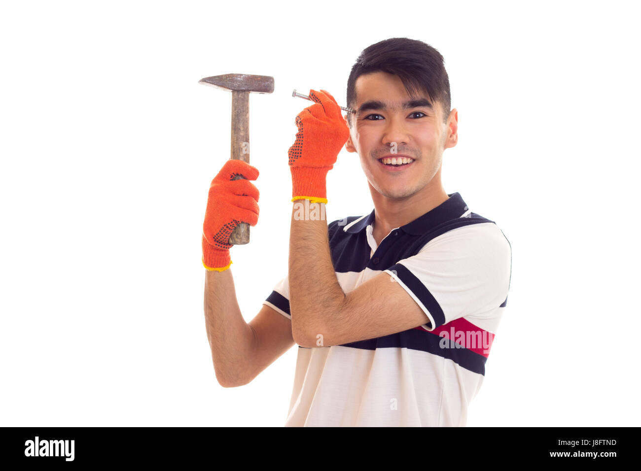 Young optimistic man with dark hair in white and blue t-shirt and ...