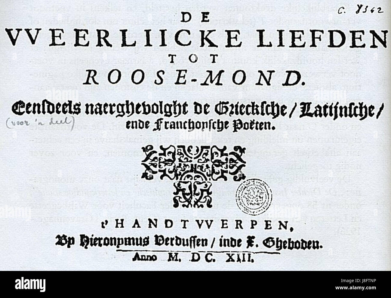 A 17th-century Dutch poem titled 'De vveerliicke liefden tot roose mond ...