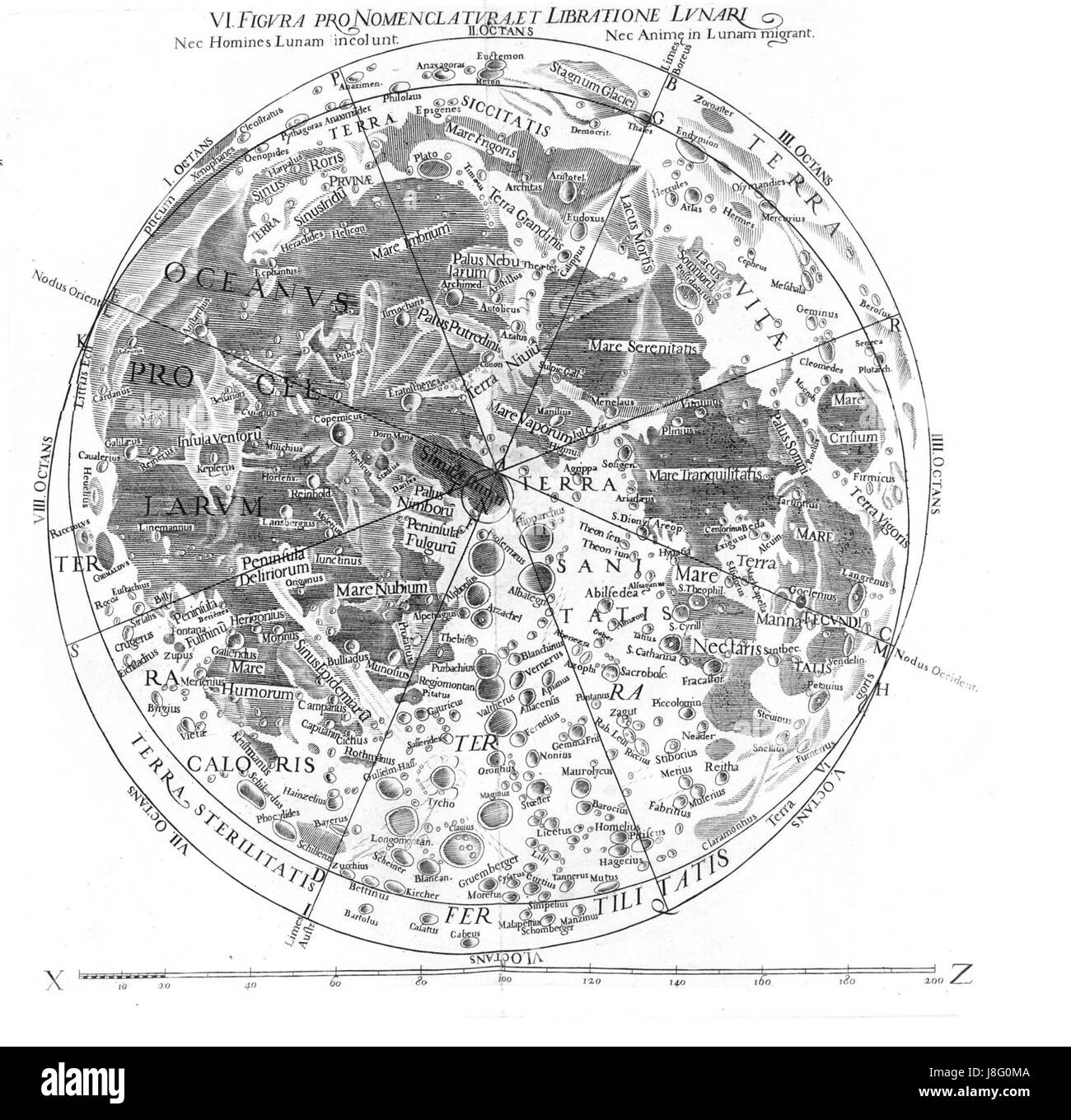 The 'Moon map Almagestum novum' refers to a map or astronomical chart ...
