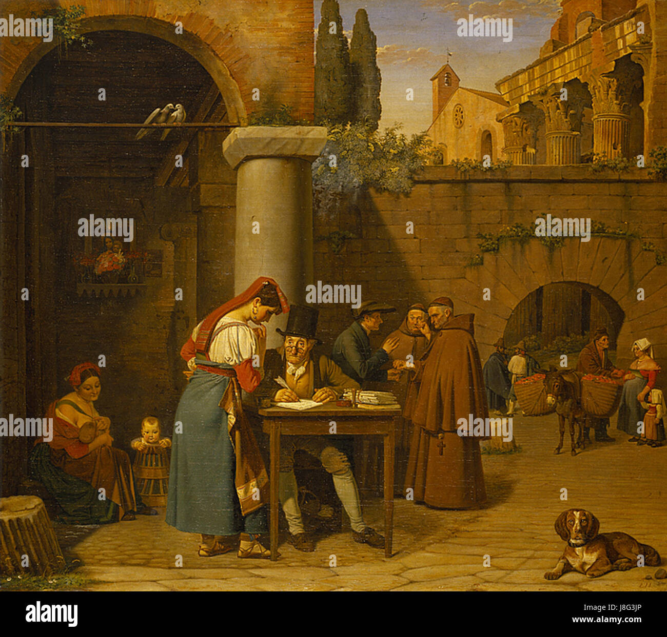 A Roman street scribe writes a letter for a young girl. This scene ...