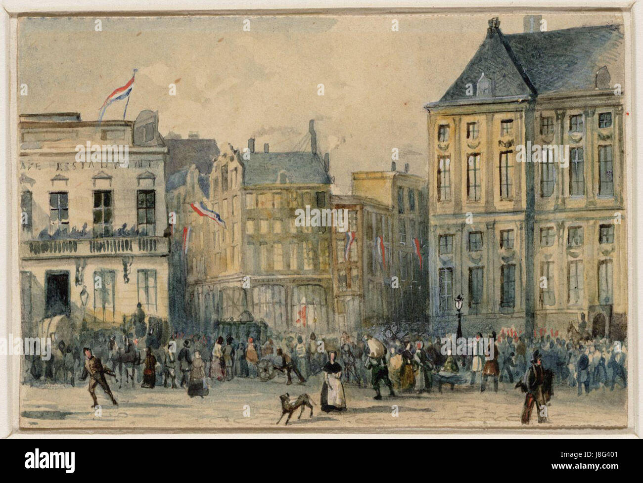 The image depicts festive crowds gathered on Dam Square in Amsterdam ...