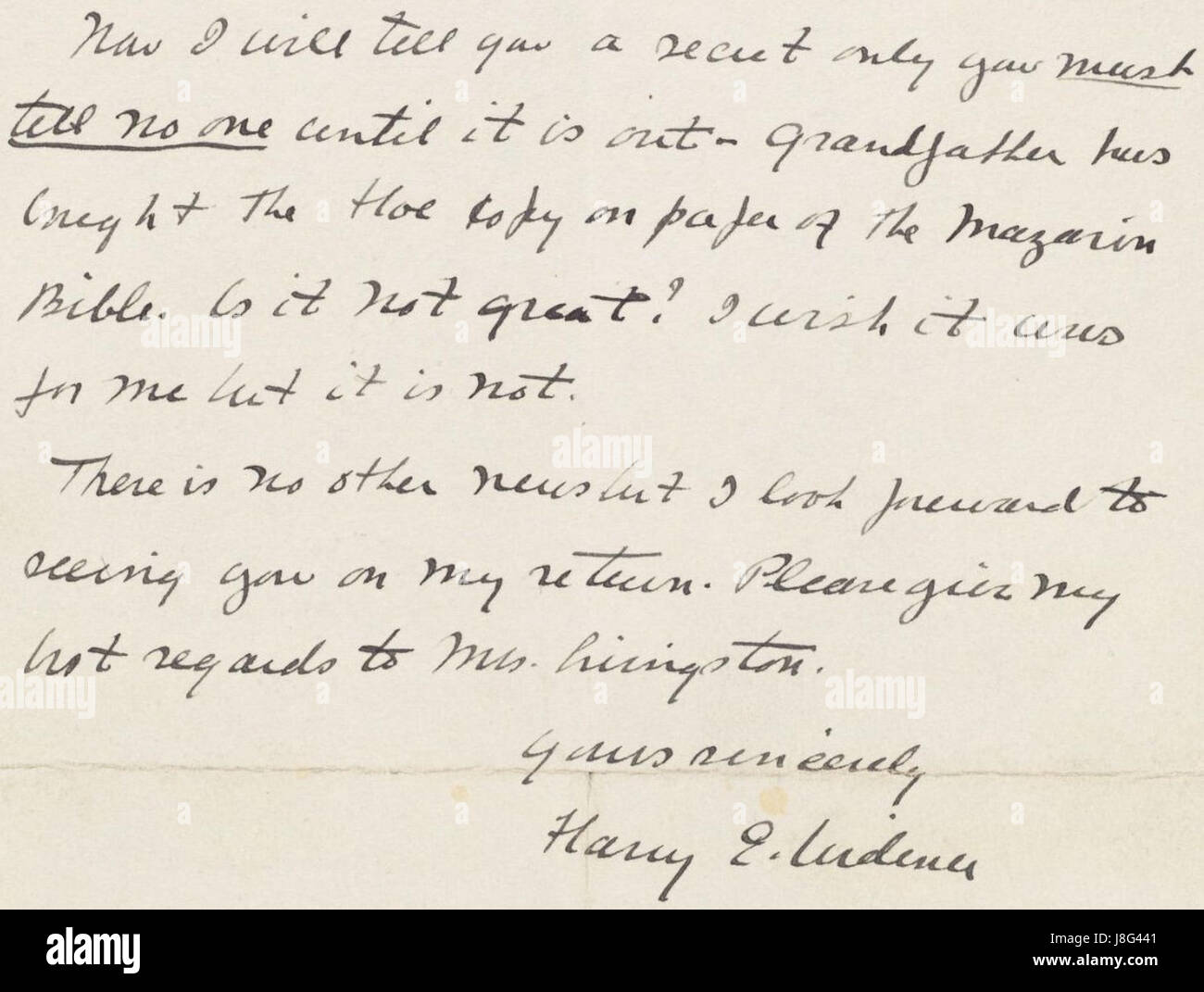 HarryElkinsWidener Letter 1912March10 p2 final paragraphs Stock Photo ...