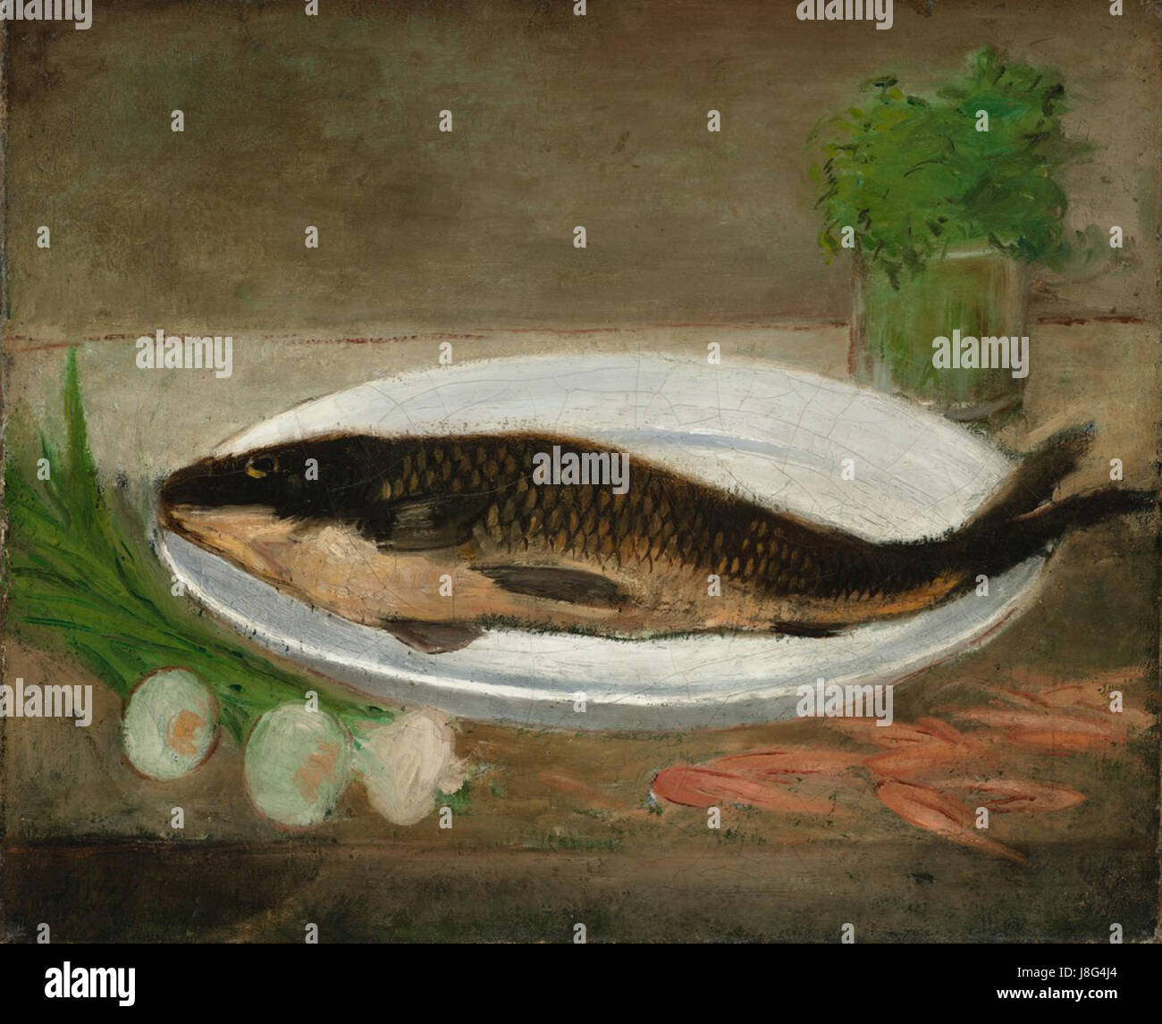 A still life painting or photograph featuring a fish placed elegantly ...