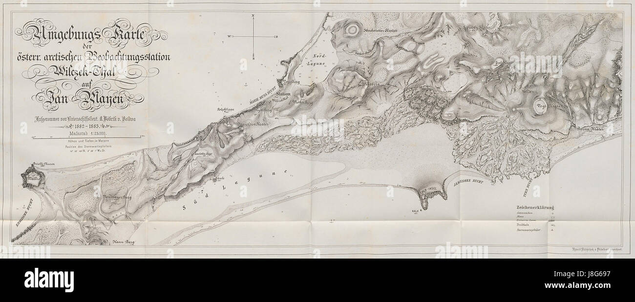 The 1884 map of Jan Mayen, an island in the Arctic Ocean, shows the ...