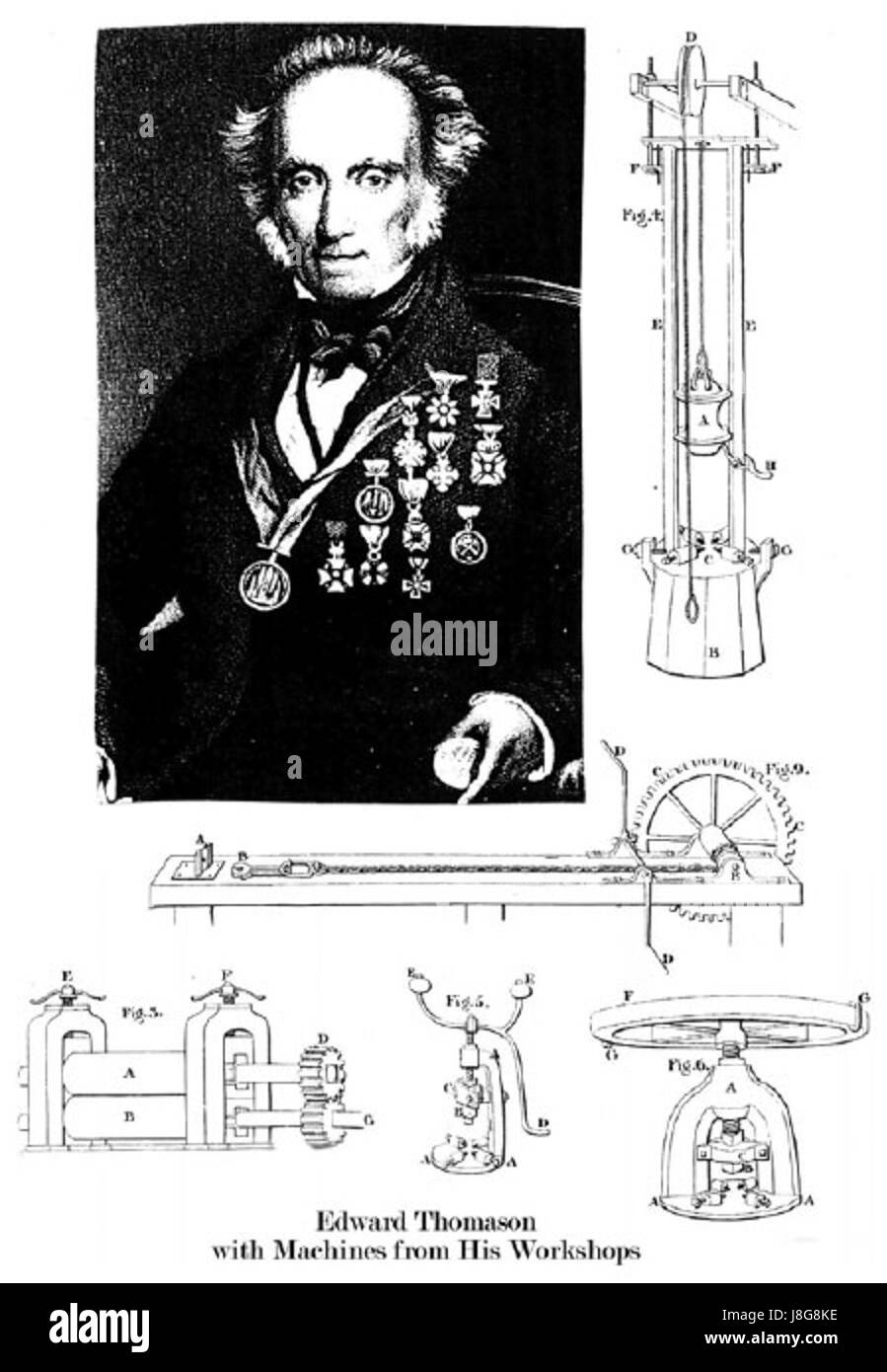 This image captures Edward Thomason, an inventor, alongside machines ...