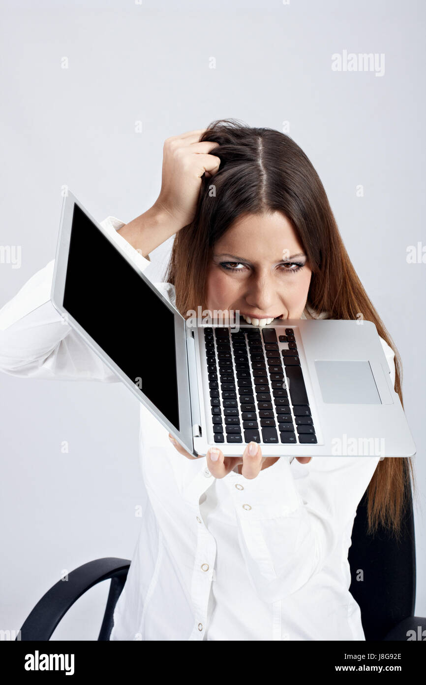 frustrated, businesswoman, career woman, technology, problem, raving ...