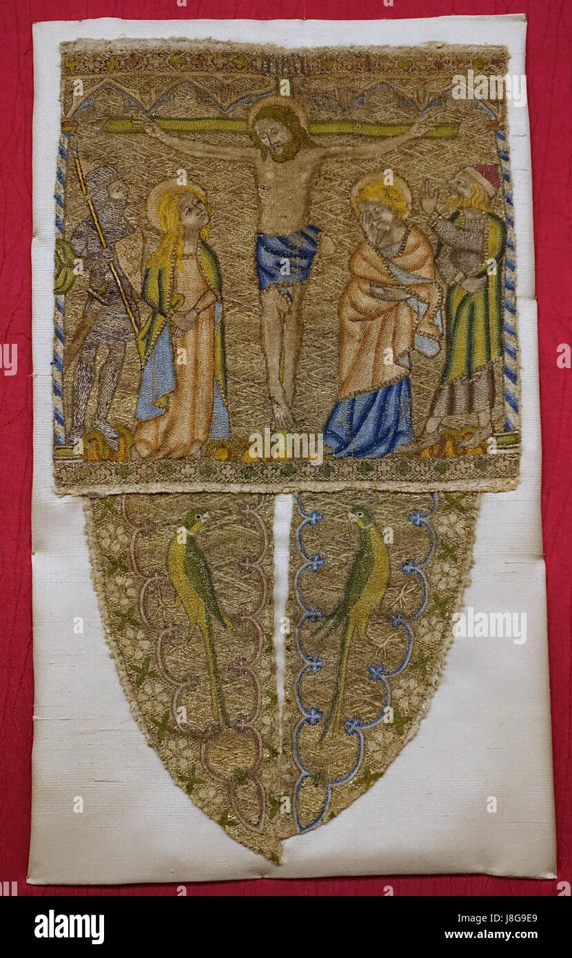 Embroidered crucifixion with two parrots, opus anglicanum technique ...
