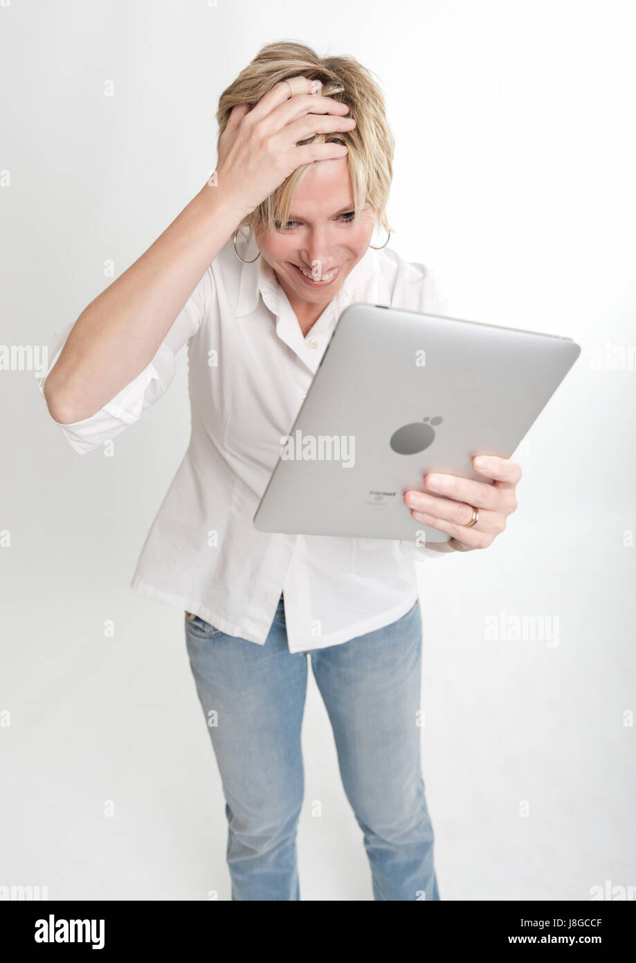 woman, newspaper, journal, laugh, laughs, laughing, twit, giggle, smile ...