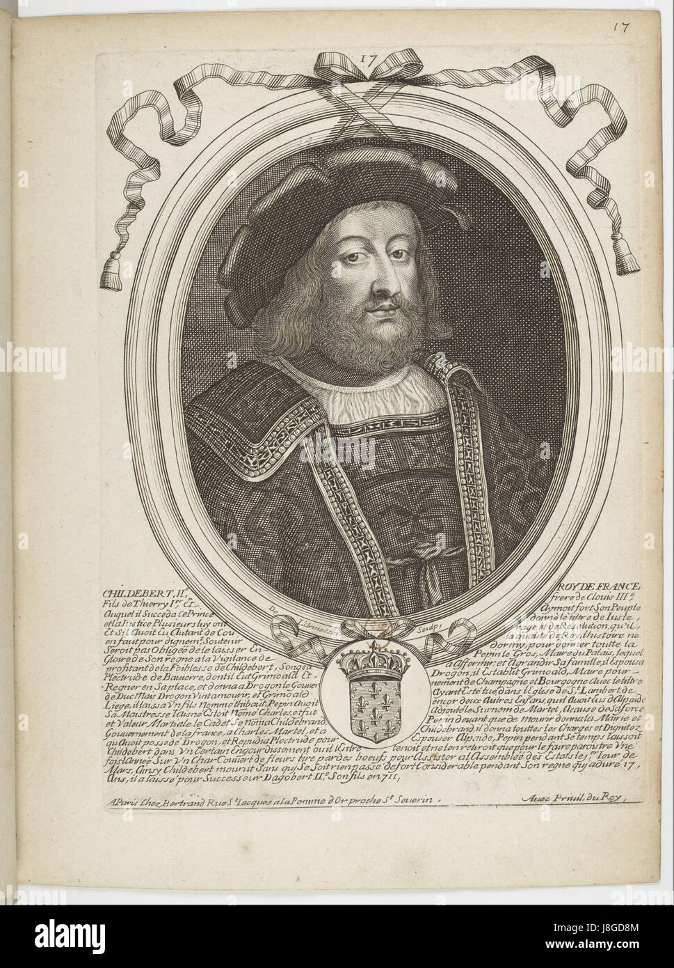 This print by Nicolas de Larmessin depicts Childebert II, King of the Franks. The engraving ...