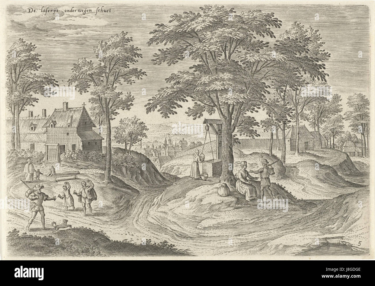 A detailed engraving depicting the leprosy house of Scheut, created by ...