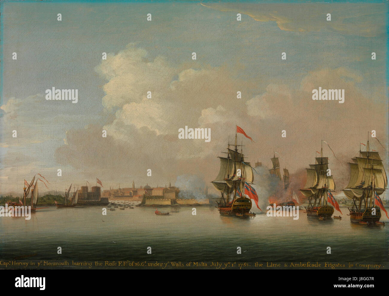 The French frigate 'Rose' was set on fire by the British HMS Monmouth ...