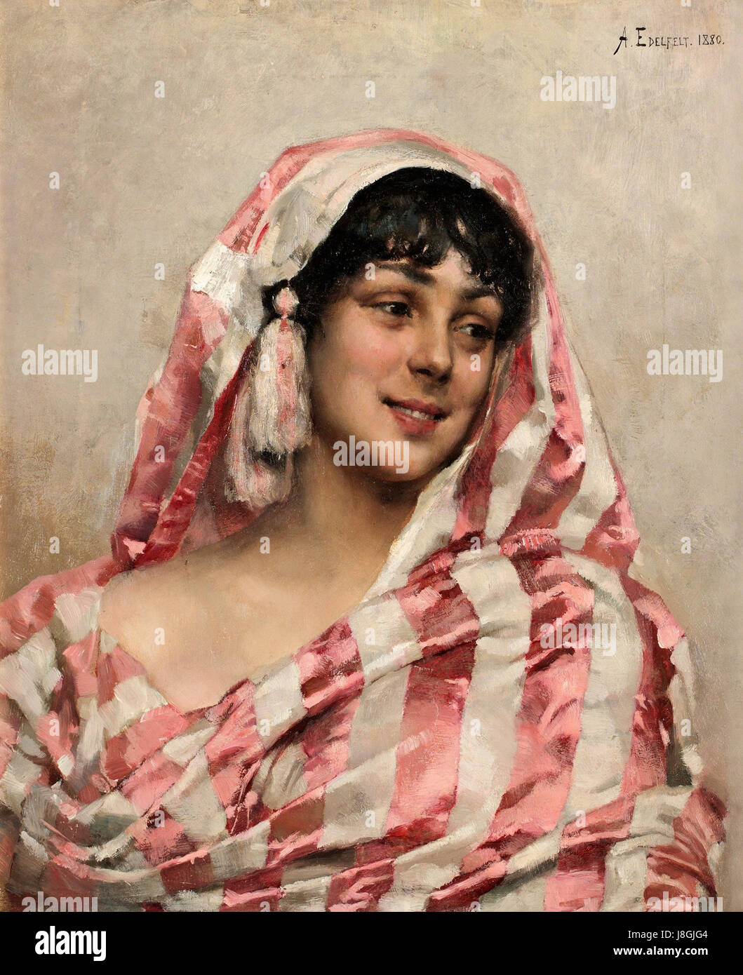 A portrait or image of a model laughing, painted by Finnish artist ...