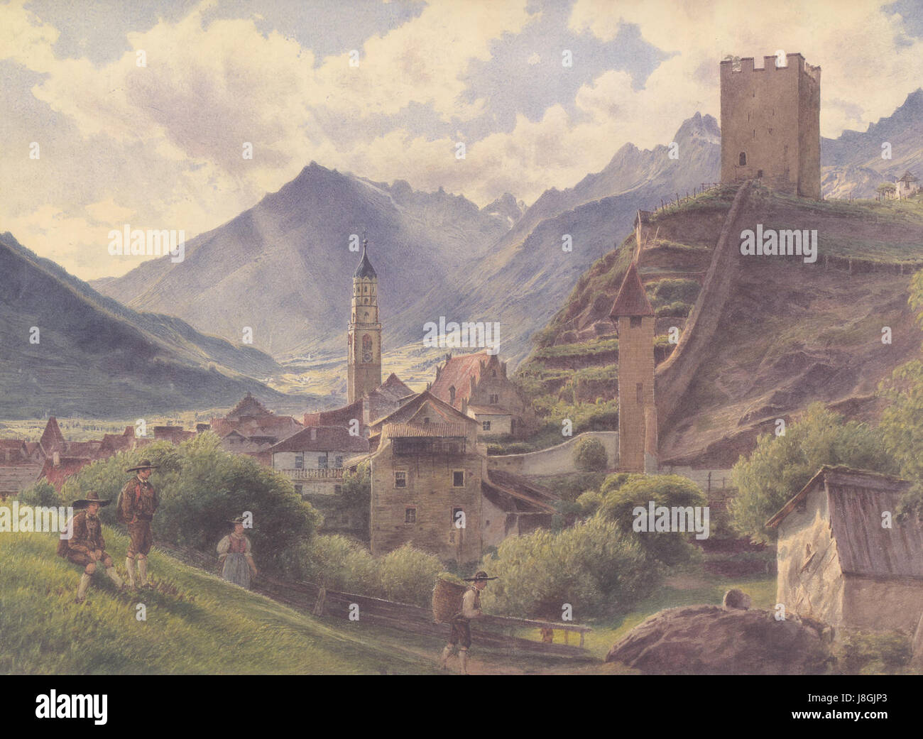 An 1845 view of Meran (now Merano, Italy), depicted by Jakob Alt ...