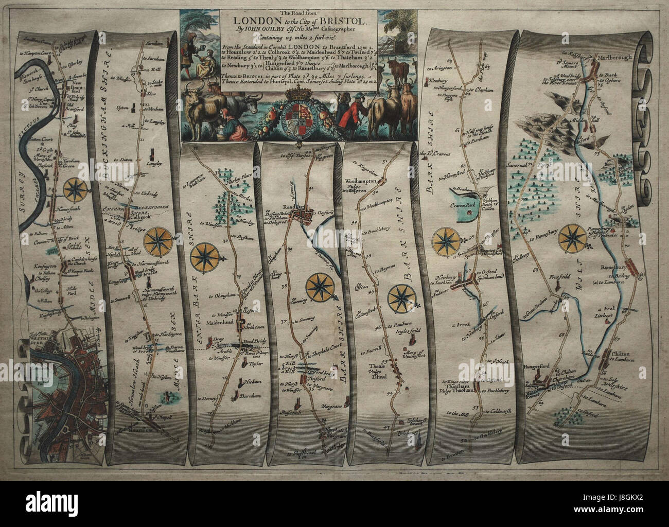 John Ogilby The Road from London to the City of Bristol (1675 Stock ...