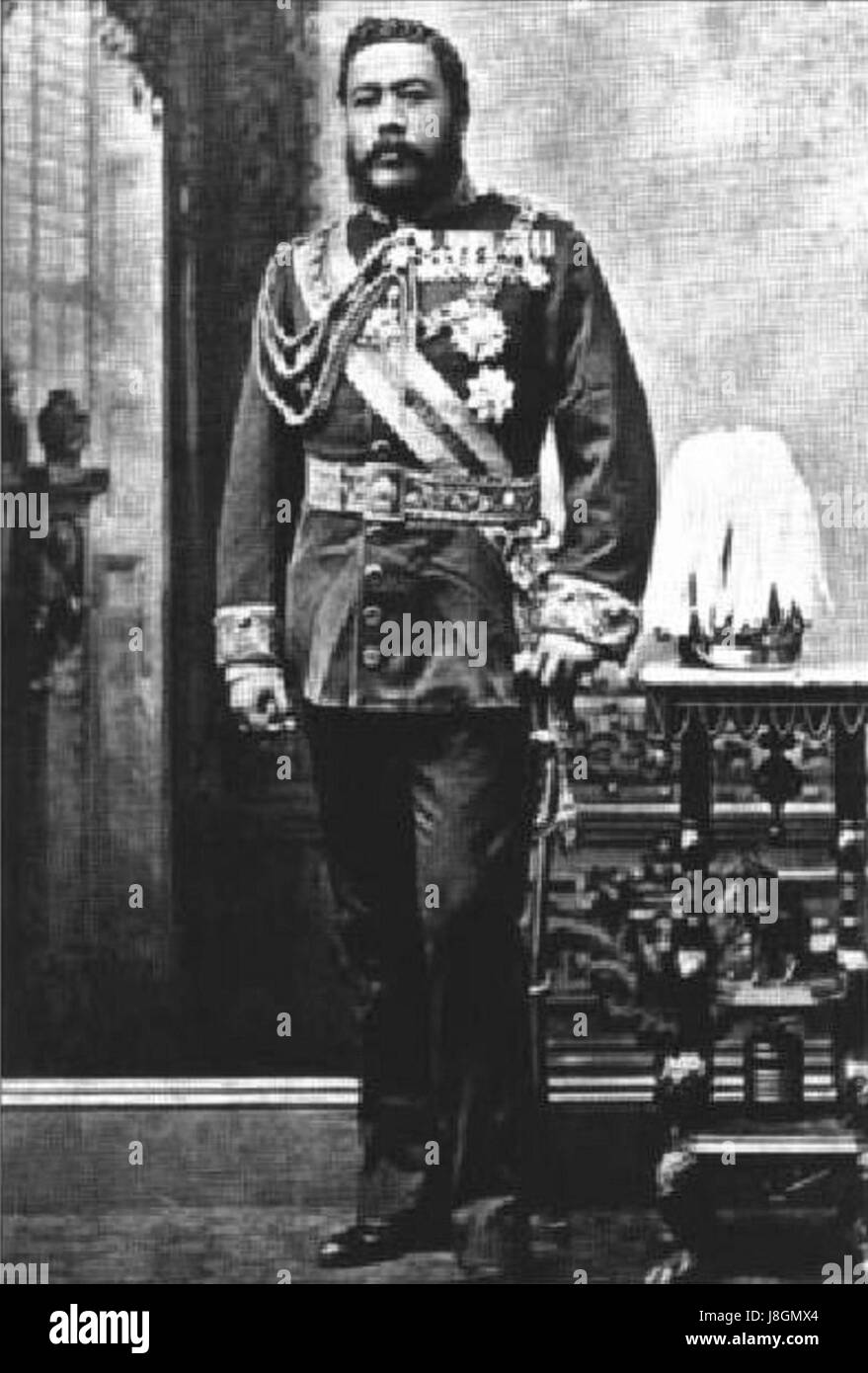 King KalÄ kaua of Hawaii is shown in a military uniform, reflecting his ...