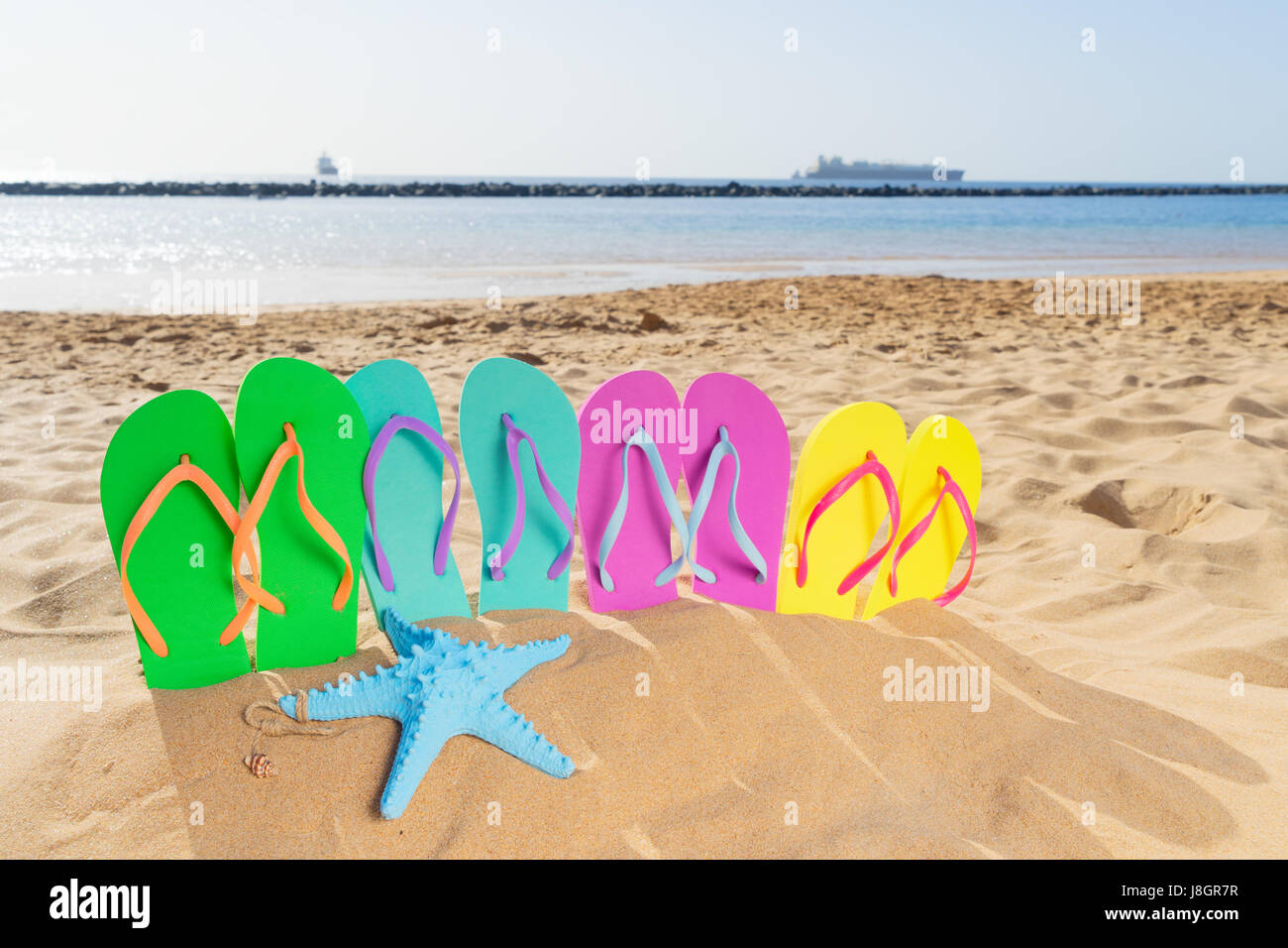 Summer beach fun - set of family sandals - green, blue, pink and yellow ...