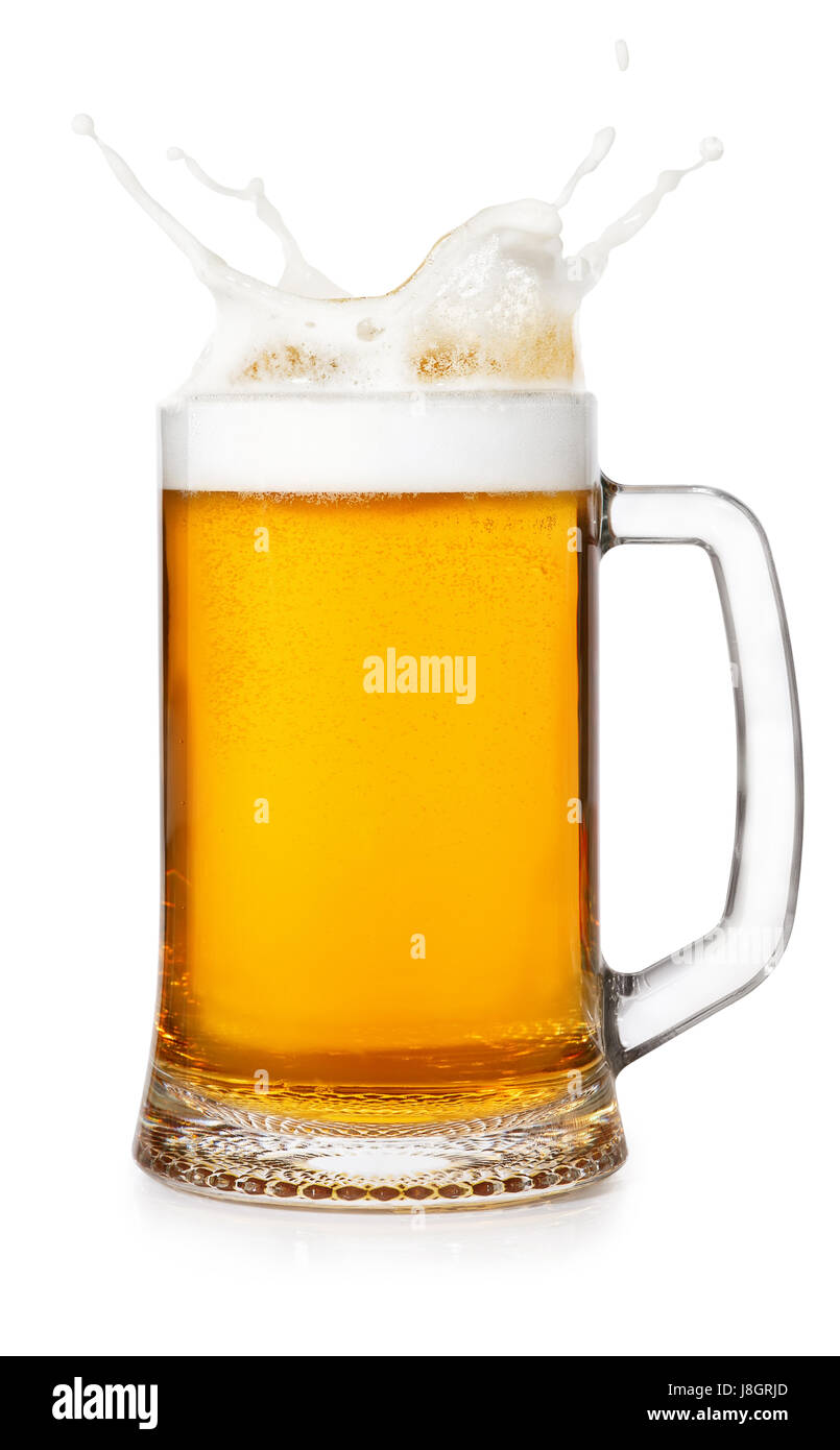 beer in mug with splashes isolated on white background. Beer splash ...
